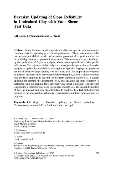 Pdf Bayesian Updating Of Slope Reliability In Undrained Clay With Vane Shear Test Data