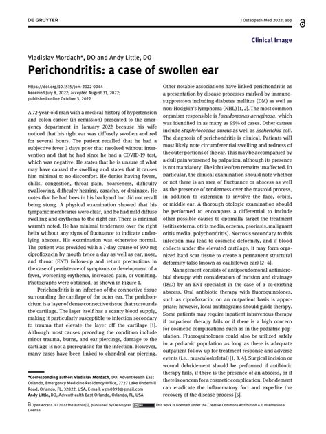 Pdf Perichondritis A Case Of Swollen Ear