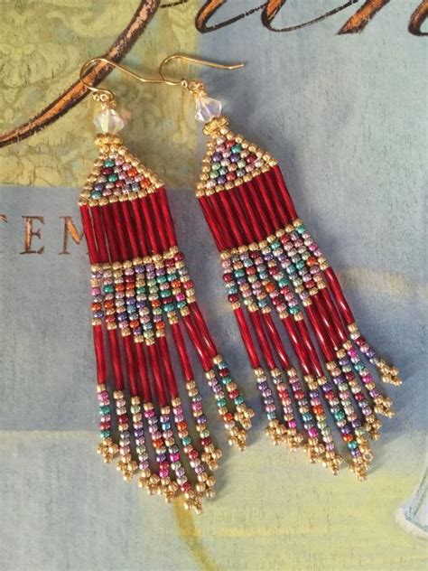 Fringe Earrings Long Red And Multicolored Metallic Seed Bead Jewelry By