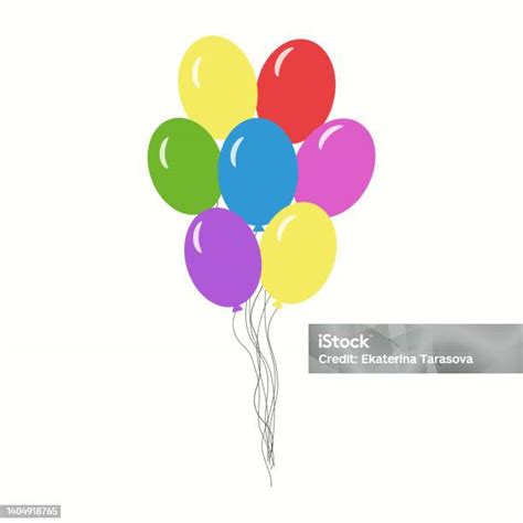 생일과 파티를위한 풍선 무리 7 밧줄로 플라잉 발롱 파란색 빨간색 노란색 녹색 분홍색 흰색 배경에 설정된 라일락 볼 축하와