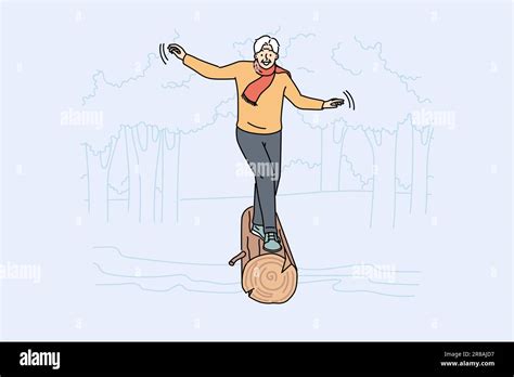 Smiling Elderly Man Walking On Wood Log On River Bank Happy Active Old
