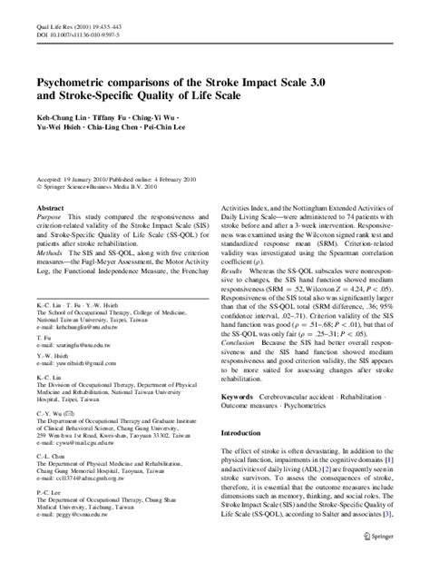 Pdf Psychometric Comparisons Of The Stroke Impact Scale 3 0 And Stroke Specific Quality Of