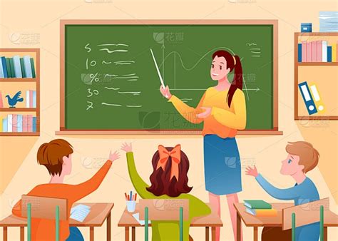 小学生和老师在教室里，妇女用教鞭教孩子，学校上课素材 花瓣网
