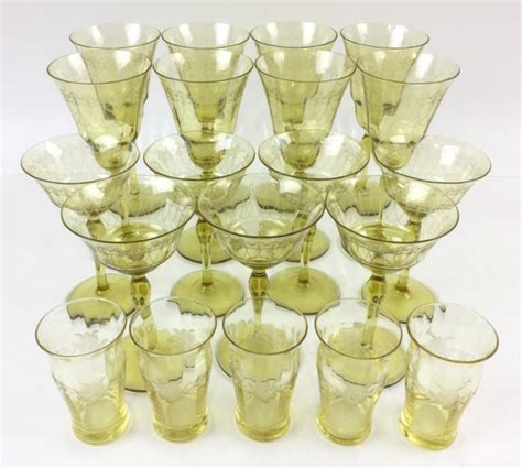 Lot 20 Fostoria Yellow Etched Glass Stemware