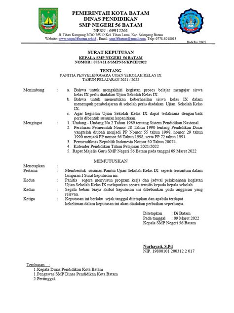 Sk Panitia Penyelenggara Kegiatan Ujian Sekolah Us Tahun Pelajaran