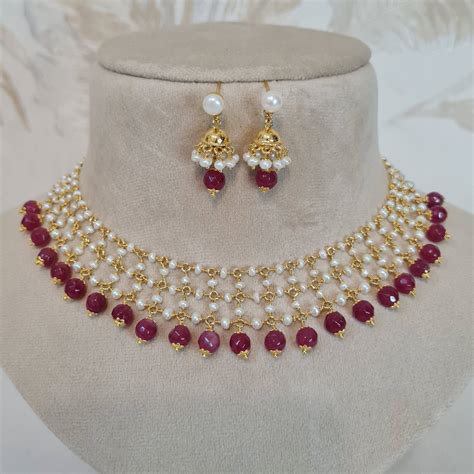 Opulent Lacey Choker With White Seed Pearls And Sp Ruby Droplets Pure