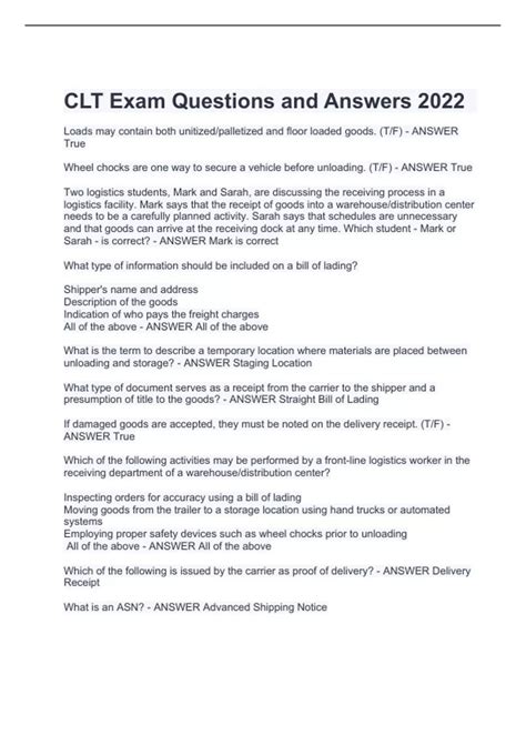 Clt Exam Questions And Answers Rated A Latest Update 20232024 Cltd Certified In Logistics