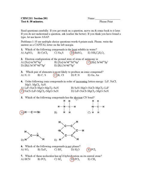 Past Exam 4 With Answer Key Principles Of Chemistry I Chm 211 Docsity