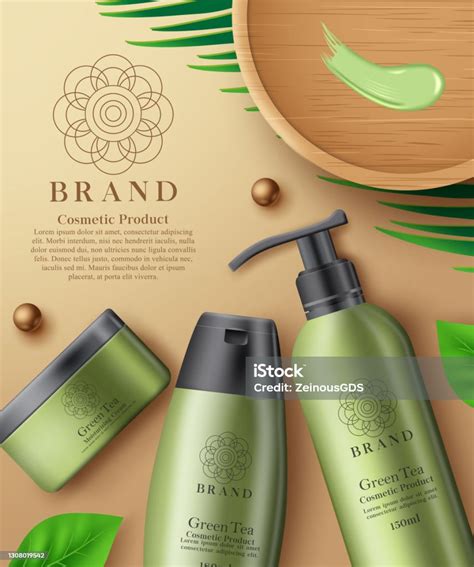 화장품 녹차 제품 벡터 템플릿 디자인 화장품 보습 크림과 로션 모의 제품으로 피부 보습제 브랜드 브로셔용 유기농 녹차 추출물
