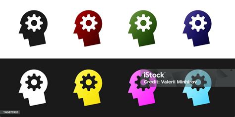 검은 색과 흰색 배경에 고립 된 기어 내부 아이콘으로 인간의 머리를 설정 합니다 인공 지능 생각 하는 뇌 기호 뇌의 상징 작품 벡터 일러스트 개념에 대한 스톡 벡터 아트 및