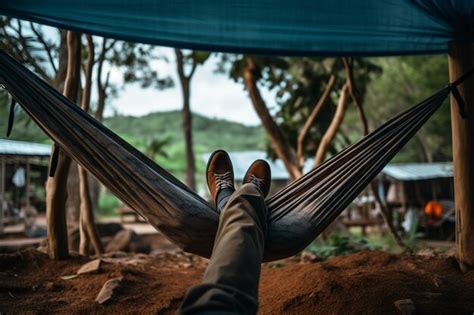 Premium Photo Low Section Of Man Relaxing On Hammock Against Trees