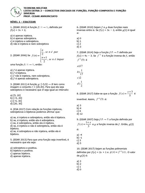 Pdf Lista Extra 02 Conceitos Iniciais De Funções Função Inversa E