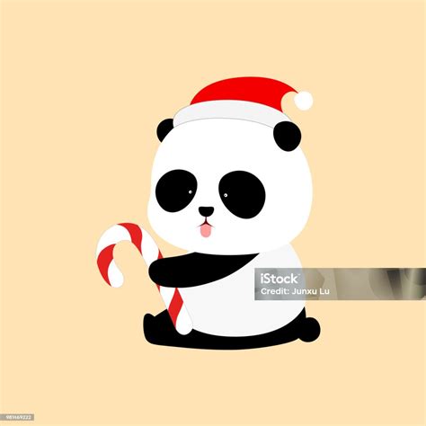 벡터 일러스트 레이 션 귀여운 만화 자이언트 팬더 앉아 바닥에 밖으로 사탕 지팡이와 크리스마스 모자 혀를 집어 넣는 크리스마스에