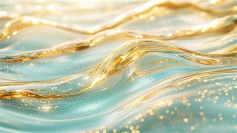 Abstract Golden And Turquoise Liquid Waves With Glittering Light Creating A Flowing Elegant