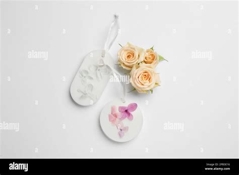 Composition With Scented Sachets On White Background Top View Stock