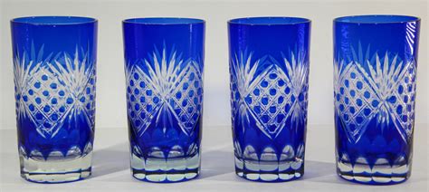 Set Of Four Cobalt Blue Cut Crystal Drinking Rock Glasses Tumbler At