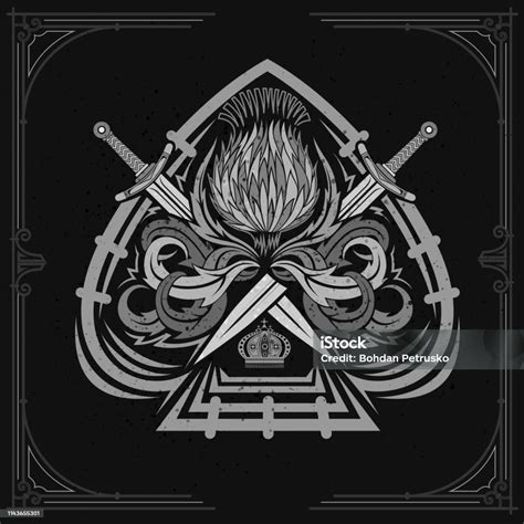 스페이드 에이스는 엉 겅 퀴 꽃 패턴과 교차 검을 형성 합니다 칠판에 흰색 디자인 요소 로고에 대한 스톡 벡터 아트 및 기타 이미지 로고 엉겅퀴류 0명 Istock