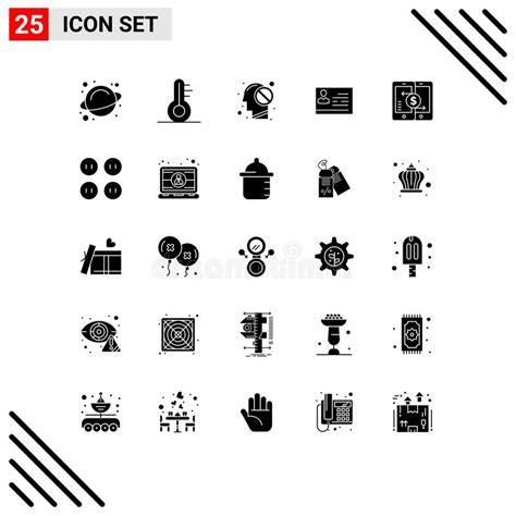 Pictogram Set Of 25 Simple Solid Glyphs Of Payments Mobile Closed Id Card Stock Vector
