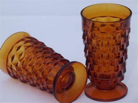 Amber Glass Cube Pattern Iced Tea Glasses Vintage Whitehall Footed