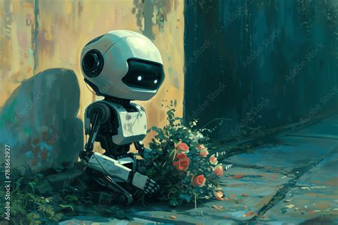 Watercolour Painting Of An Android Robot In Love Holding Romantic Red