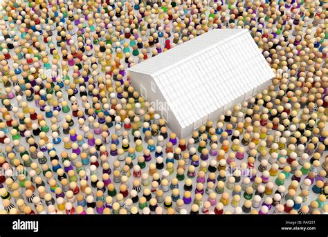 Crowd Of Small Symbolic Figures Warehouse Amidst 3d Illustration Horizontal Background Stock