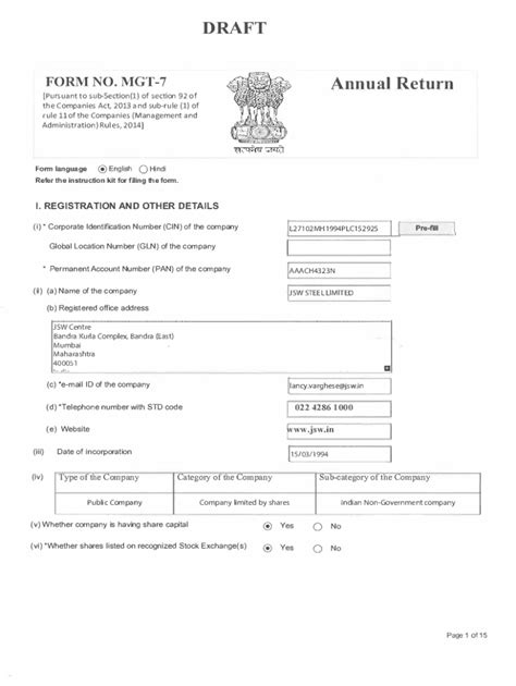 Fillable Online 1 Annual Return Form No Mgt 7 Pursuant To Sub Fax