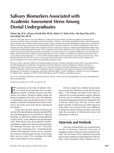 Pdf Salivary Biomarkers Associated With Academic Assessment Stress