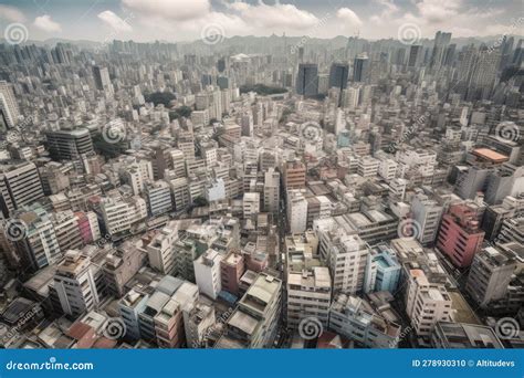 Densely Populated Urban Settlement Illustration In Outline Design Style
