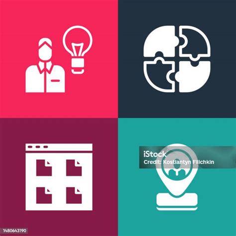 팝 아트 작업자 위치 브라우저 파일 퍼즐 조각 및 램프 전구 아이콘으로 인간을 설정합니다 벡터 개념에 대한 스톡 벡터 아트 및 기타 이미지 Istock