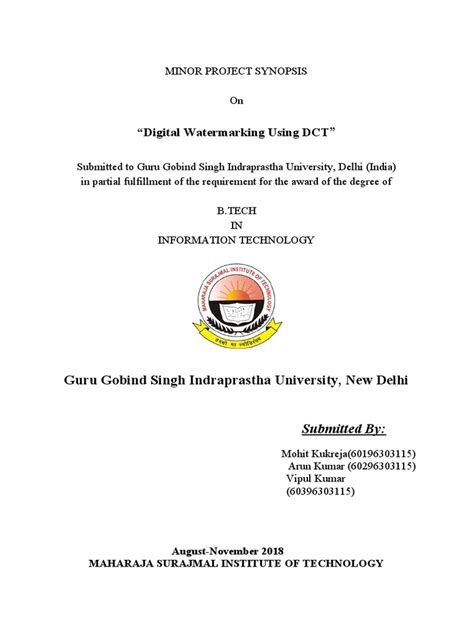 Minor Project Synopsis Of Digital Watermarking Using Dct And Genetic
