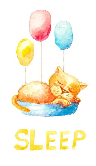 카드 또는 엽서에 대 한 흰색 바탕에 세 가지 다른 색깔의 볼 론 수채화 스타일 블루 바구니에 잠자는 귀여운 노란 키티 수 면