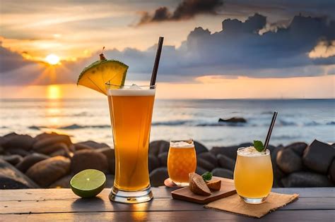 Premium Ai Image Cocktails On A Beach With A Tropical Sunset In The