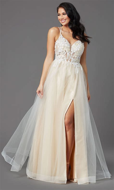Embroidered Bodice Formal Long Tulle Prom Dress