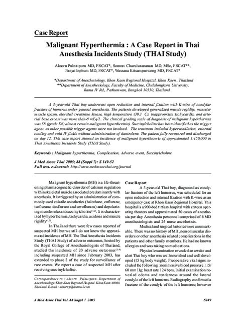 Pdf Malignant Hyperthermia A Case Report In Thai Anesthesia