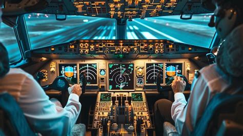 Expert Pilots Preparing For Takeoff In A Hightech Airplane Cockpit