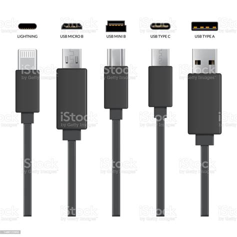 Usb 케이블 커넥터 검정색으로 케이블을 연결하기 위한 사실적인 벡터 전화 잭 세트 최신 전자 장치의 충전 또는 정보 전송용