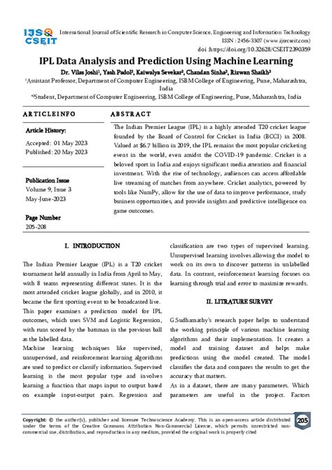 pdf ipl data analysis and prediction using machine learning