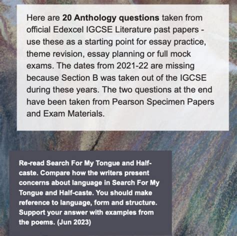 20 Official Essay Questions For Edexcel Igcse Poetry Teaching Resources