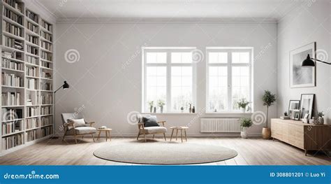White Empty Reading Room Interior With Copy Space On The Wall Stock Illustration Illustration