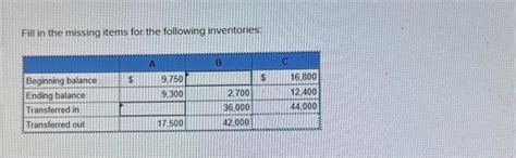 Solved Fill In The Missing Items For The Following