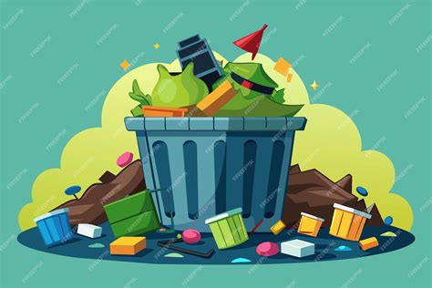 A Cartoonstyle Trash Can Brims With Assorted Waste Materials Including