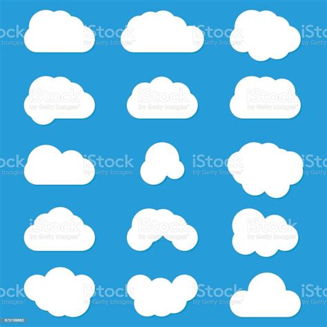 파란색 배경에 구름 벡터 아이콘 화이트 색상의 집합입니다 Cloudscape 날씨 기호입니다 웹 예술 응용 프로그램 디자인에 대 한 스카이 플랫 일러스트 컬렉션 0명에 대한
