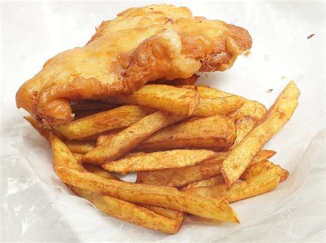 British Chip Shop Style Fried Cod In Batter With Chips French Fries In
