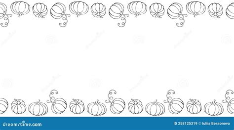 Background Frame Made Of Outline Pumpkins In Doodle Style Horizontal Top And Bottom Edging