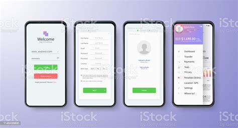 응답 모바일 앱 또는 로그인을 포함 하 여 다른 Gui 레이아웃과 웹 사이트에 대 한 응용 프로그램 Ui 키트 계정 만들기 프로필 거래 및 알림 화면 휴대폰 앱에 대한 스톡