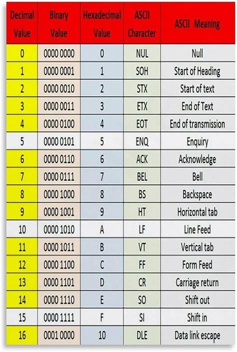 Decimal Binary Octal Hex Ascii Conversion Chart Poster 4 Canvas