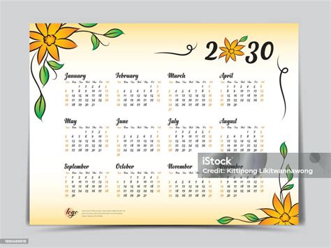 달력 2030 벡터 서식 파일 노란 꽃 디자인 주 연간 달력 주최자 일요일 주 12 개월 세트 벽 달력 2030 년 포스터