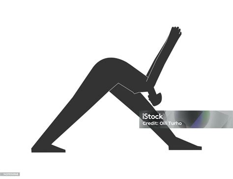 여성 캐릭터의 평평한 검은색 실루엣이 있는 벡터 격리된 그림 스포티한 여자는 요가 자세 Parsvottanasana를 배웁니다