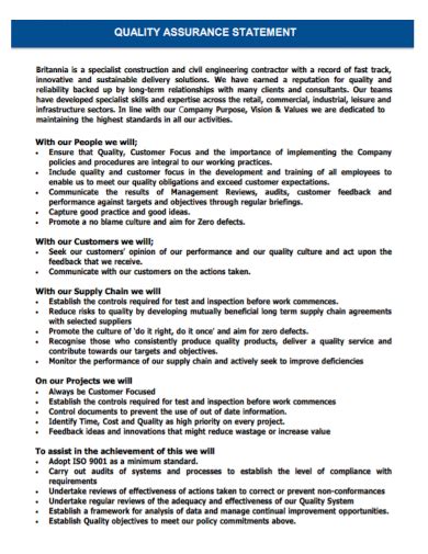 Free 10 Quality Assurance Statement Samples Product Mission Construction