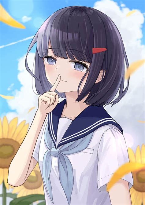 原创女孩子水手服黑发向日葵夏天花和女孩子 えのきたろーillustration Pixivbox